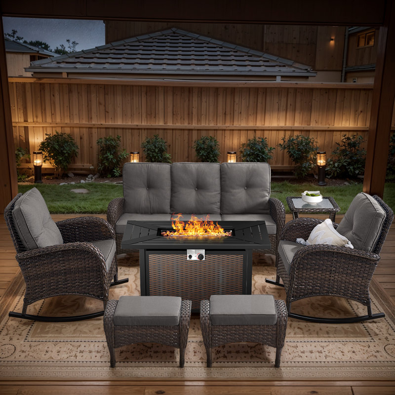 Winston Porter Aluel 7-Pieces Outdoor PE Wicker Patio Seating Group with Fire Pit, Ottomans and ...
